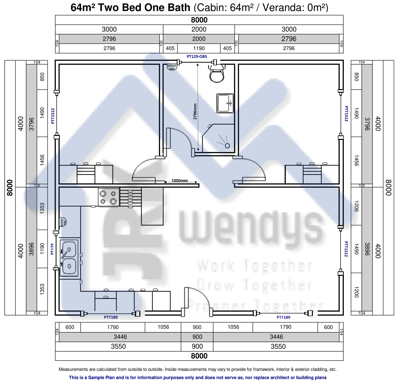 64m² TWO BEDROOM ONE BATHROOM LOG CABIN - JRK Wendys & Timber Projects